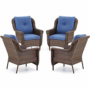 Patio Chairs Outdoor Wicker Armchair Set of 4 - Heavy Duty Outside Rattan Lawn Chair for Front Porch Balcony Backyard Yard Deck Poolside Apartment – Brown/Blue