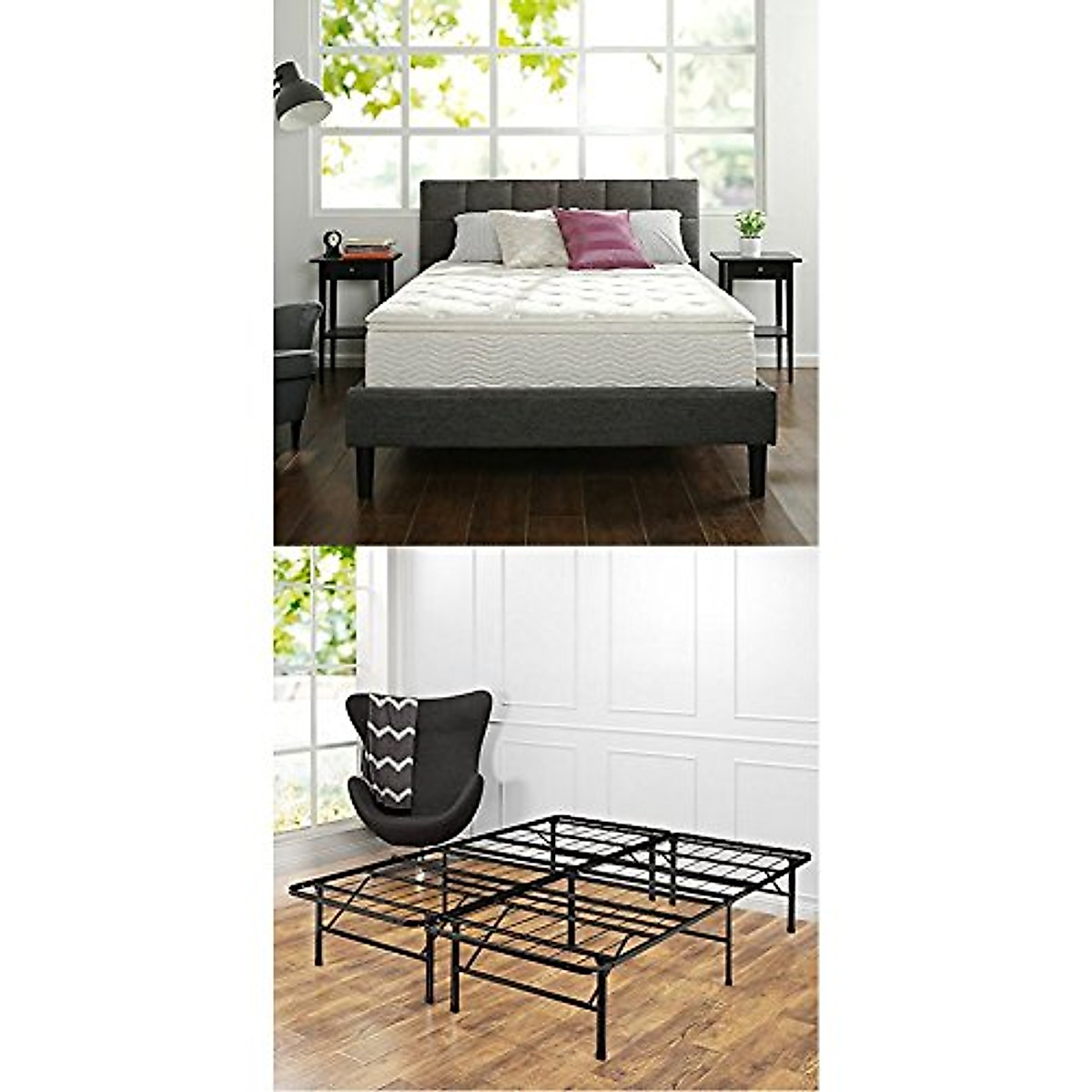 Zinus 12 Inch Euro Box Top Hybrid Green Tea Foam and Spring Mattress, Queen & Zinus 14 Inch SmartBase Mattress Foundation / Platform Bed Frame