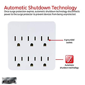 GE Pro 6-Outlet Extender Surge Protector, Wall Tap Adapter, Charging Station, Automatic Shutdown, 3-Prong, 1020 Joules, UL Listed, White, 36727