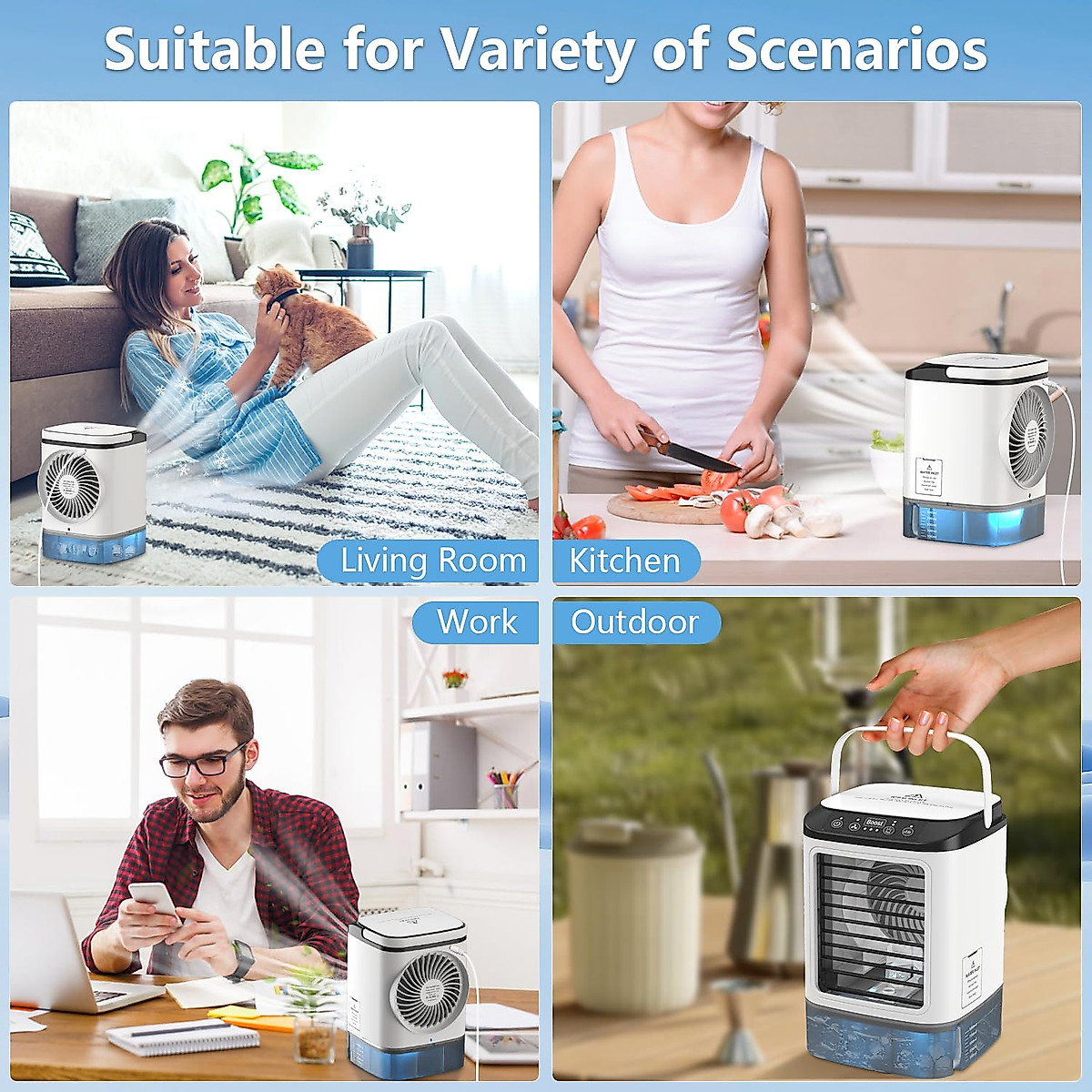 Mini Air Cooler Fan, Personal Evaporative Air Cooler with 900ml Water Tank with Ice Box, 4 in 1 Humidifier Fan, 2 Cool Mist, 7 Colors LED lights, 3 Wind Speed,10W for Home Work Camping