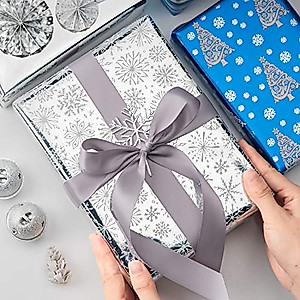 WRAPAHOLIC Christmas Wrapping Paper Roll - Blue and Silver Snowflake and Stripe Set with Metallic Foil Shine - 4 Rolls - 30 Inch X 120 Inch Per Roll