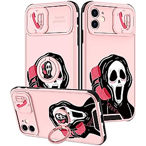Goocrux (2in1 for iPhone 12 Case Skull Skeleton Women Girls Cute Girly Phone Cover Cool Funny Gothic Design with Slide Camera Cover+Ring Holder Teen Cases for iPhone12 6.1''