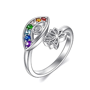 925 Sterling Silver Evil Eye & Lotus Ring 7 Chakra Cubic Zirconia Adjustable Open Ring Jewelry Gift for Women (8)