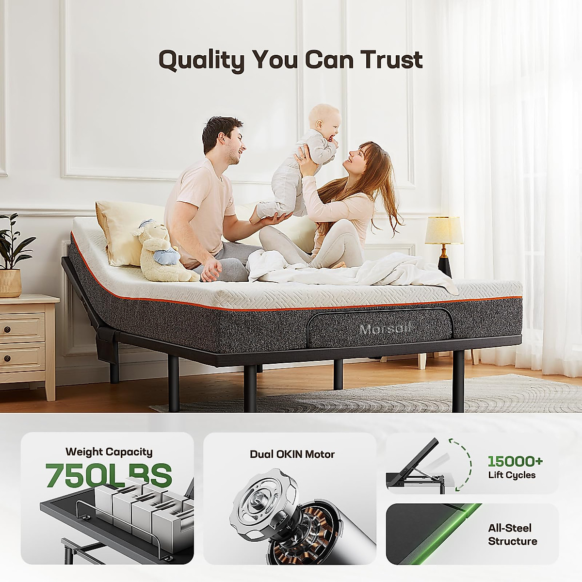 Marsail MS01 Queen Adjustable Bed Base Frame, 4 Ports USB A&C Adjustable Bed Base with Under-Bed Nightlight, 3 Minutes Fast Assembly, Wireless Remote Control Adjustable Bed with 4 Height Options