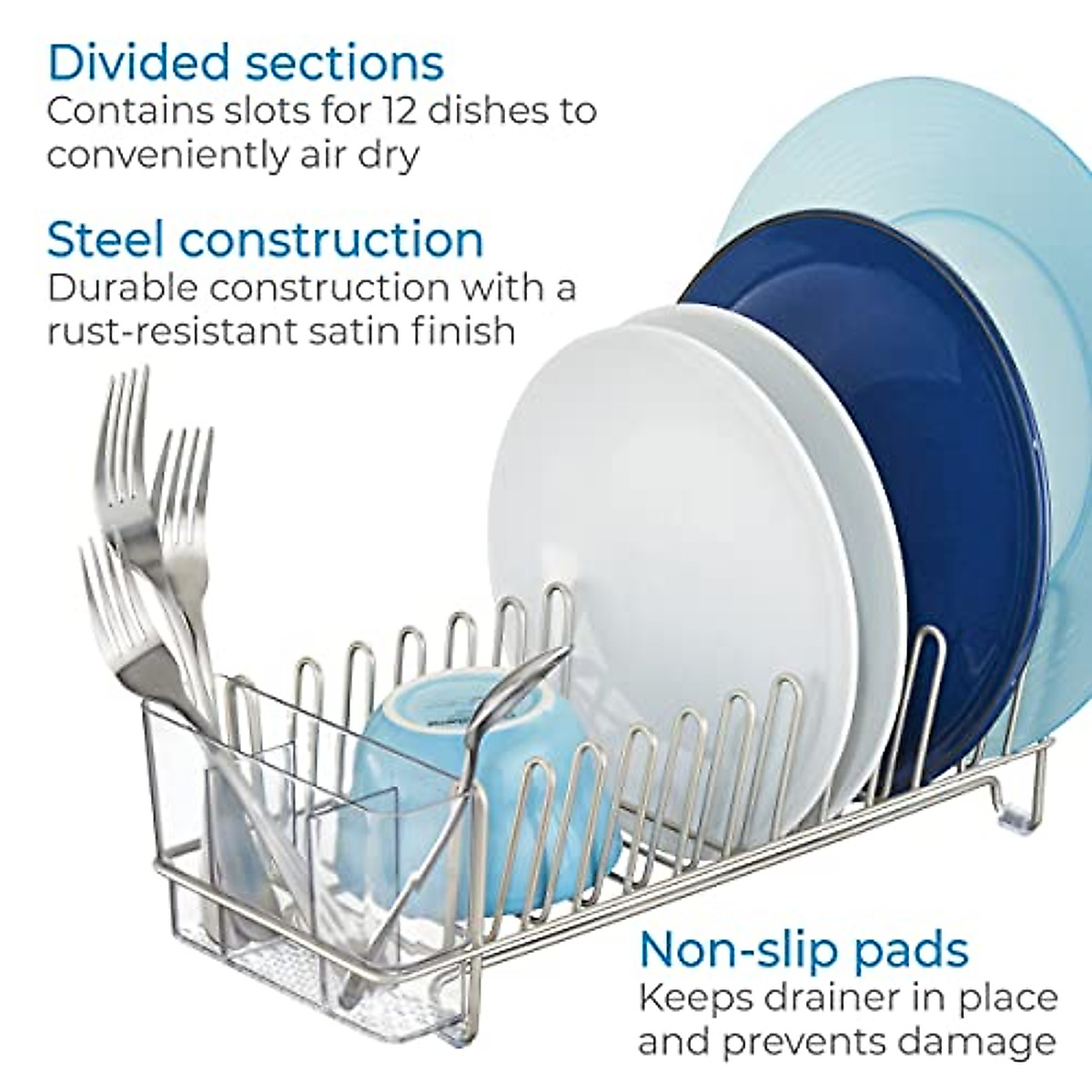 iDesign Metal Dish Drying Rack with Silverware Drainer, The Classico Collection – 12.5" x 5.5" x 4", Satin Silver