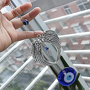Hallwayee Creative Evil Eyes Wall Pediments Alloy Hanging Decor Glass Devil’s Blue Eyes Pendant Handcraft Hanging Ornament for Car Window Home Garden Office (Angel Wings)
