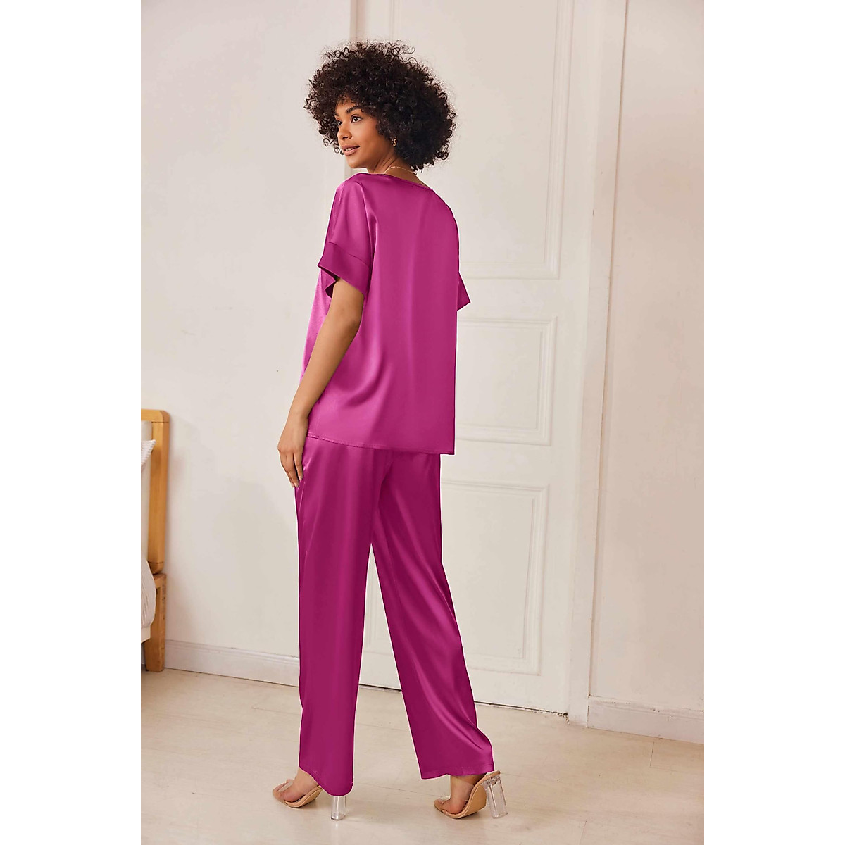 Ekouaer Satin Pajama Set Womens Silk Short Sleeve V Neck Shirt with Long Pant Soft Loungewear Pjs Set Plum