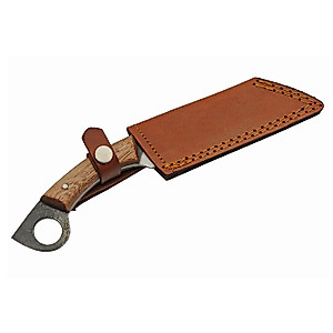 9.5" Ring Seax Hunting Edc Camping Outdoor Knife Full Tang Carbon Steel Blade Wooden Handle Finger Ring Pommel Steel Pins Brown Leather Sheath With a Belt Loop