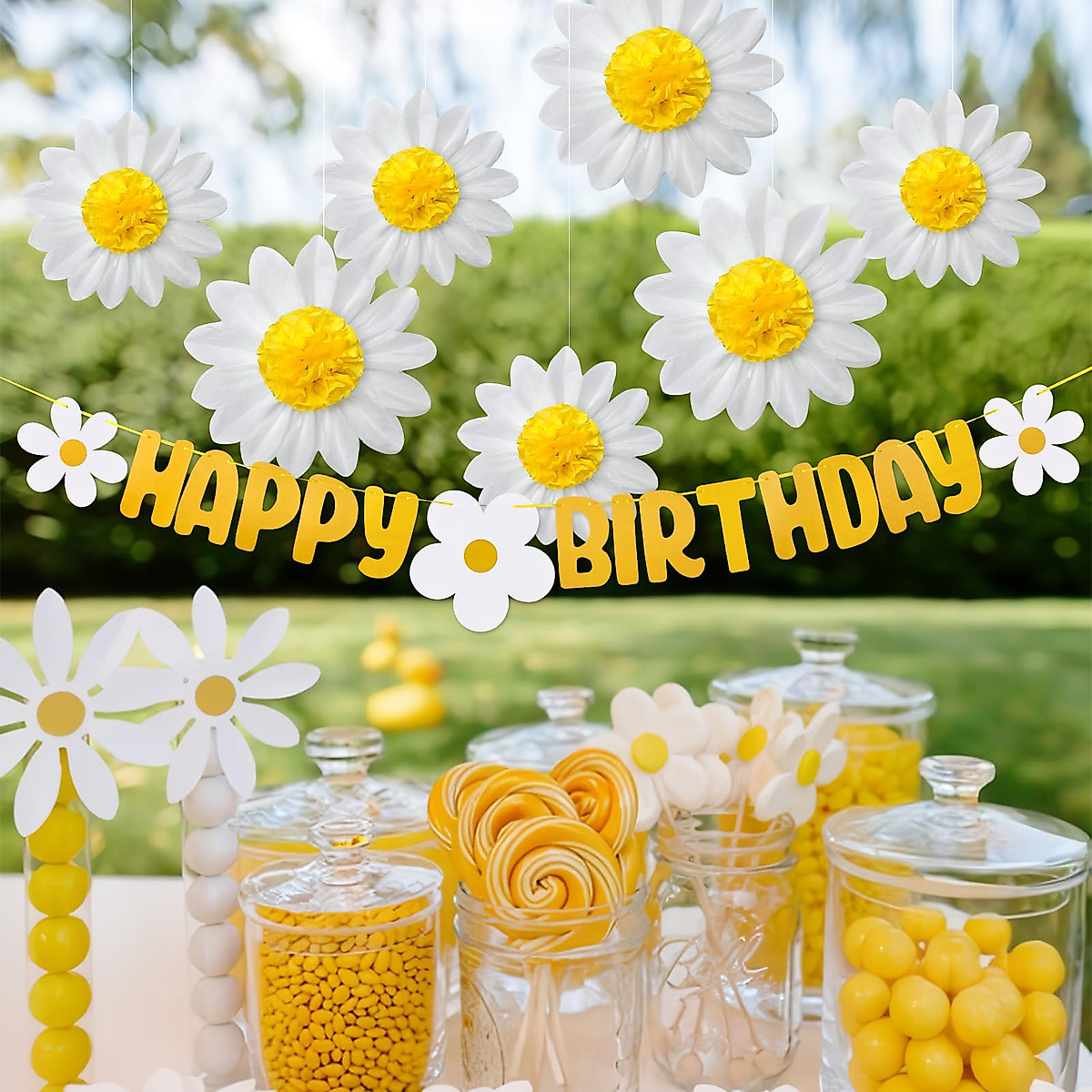 Daisy Birthday Decorations Daisy Tissue Pom Poms White Yellow Paper Flowers Wall Hanging Decorations with Daisy Birthday Banner for 1st Birthday Bridal Baby Shower Wedding Classroom Décor
