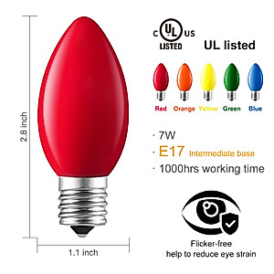 Brightown 25 Pack C9 Incandescent Bulbs, Multicolor C9 Christmas Replacement Light Bulb for Christmas String Lights, E17 Intermediate Base, 7 Watt