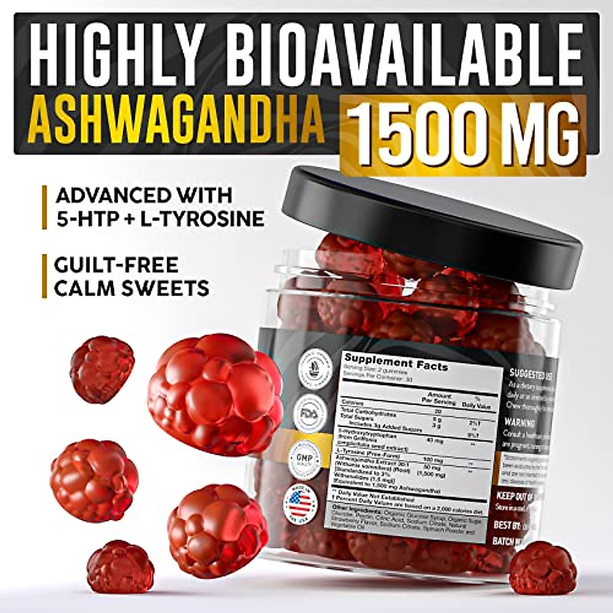 NOBLE NUTRITION Ashwagandha Gummies for Women & Men - Organic Ashwagandha Root Extract 1500 MG - Ashwagandha Supplements with 5-HTP & L-Tyrosine - 60 Calm Gummies