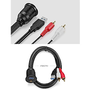 URWOOW Flush Mount Cable Kit 3 ft USB 3.0 Male to Female and 2 RCA Male to 3.5mm Female AUX Extension Cable Dashboard Panel Dash Mount Port 3 feet