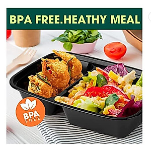 Meal Prep Container with Lids, 50 Pack Divided Food Storage Containers Microwave Safe 2 Compartment Disposable Bento Box Reusable To-go Container Plastic Bento Lunch Box (33 oz)