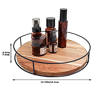 12.8 Inch Acacia Wood Lazy Susan Turntable, Round Lazy Susan Turntable with Black Steel Sides, 360 Degree Organizer Turntable for Kitchen Bathroom Dining Table Countertops Cabinets Coffee