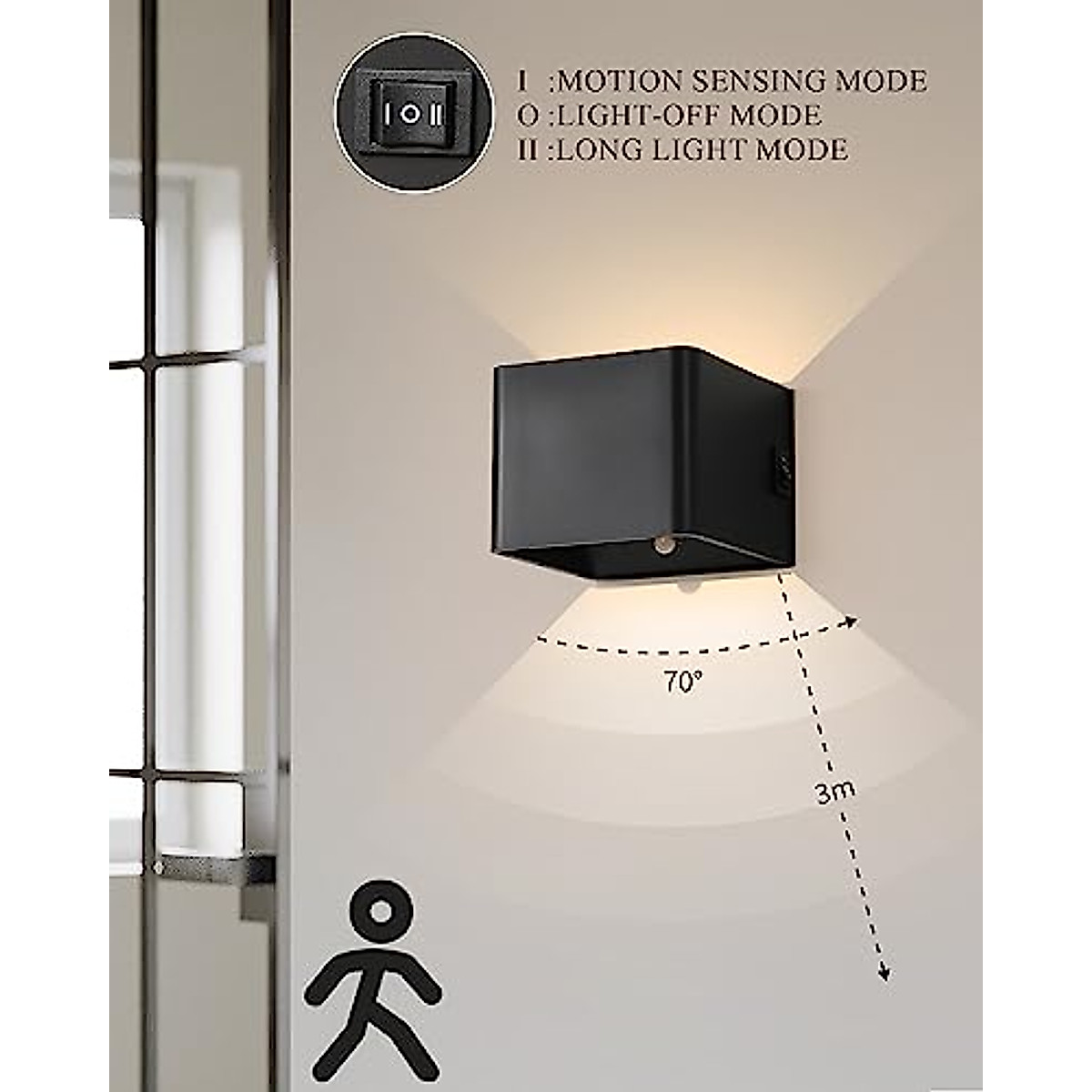 pasentel Indoor LED Motion Sensor Wall Lamp with Button Switch, Cordless Rechargeable USB Wall Sconce Lights Battery Powered Bedside Lamps for Bedroom Children's Room(Black, 3000K), BD026-LED-BK1
