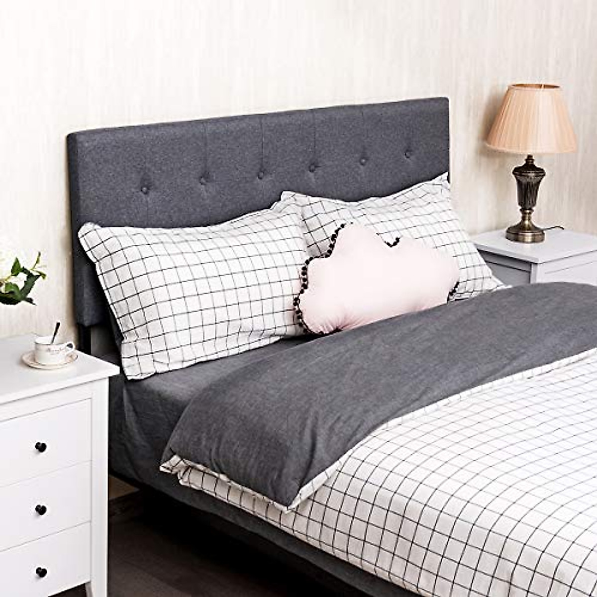 Giantex Modern Upholstered Headboard, Tufted Button Faux Linen Headboards, 3 Level Adjustable Height, Heavy Duty Metal, Queen& Full Size Suitable (Grey)