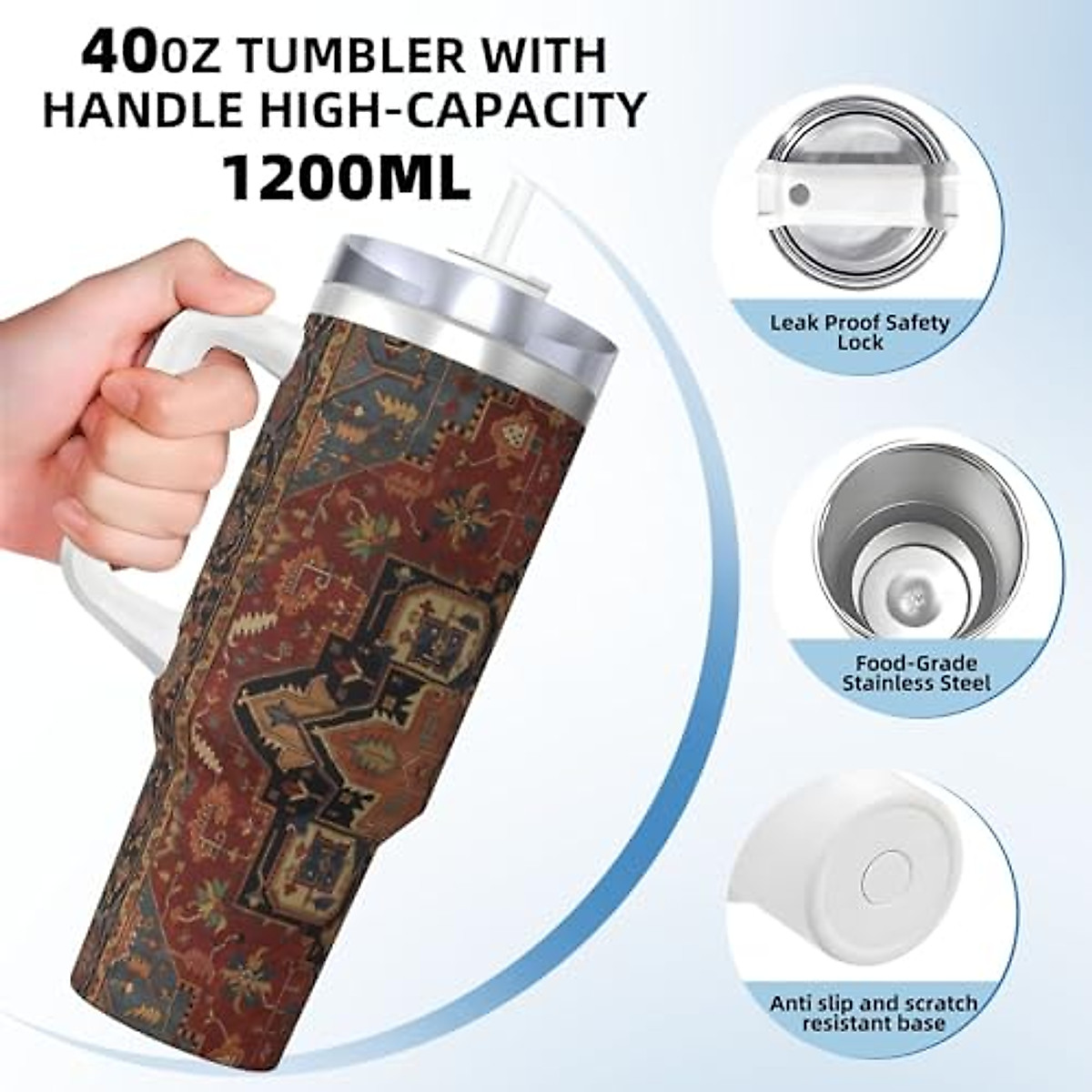 Xiexide 40oz Fits Cup Holder Sports Vintage Antique Oriental Turkish Antique Boho Bohemian Double Walled Vacuum Insulatedith Handle And Straw,Hot & Cold Drinks