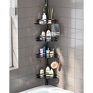 EUHOME Shower Caddy Tension Pole, Corner Shower Caddy Tension Rod 4 Adjustable Shelves Standing Shower Caddy for Bathroom Organizers Storage, Black