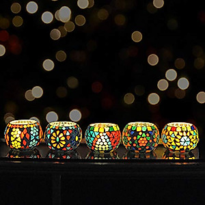Set of 5 Tea Light Candle Holder Bowl Mosaic Glass Votive Candle Holder Decorative Candle Holder Tealight Bowl Tea Night Light Holders Handmade Artwork Gifts for Home Decor/Party Decorations