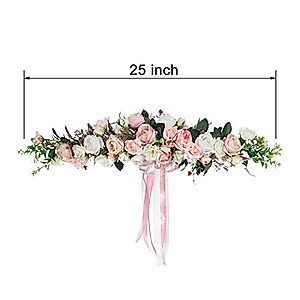 Lvydec Artificial Rose Flower Swag, 25 Inch Decorative Swag with Fake Roses, Green Leaves and Silk Ribbon for Wedding Arch Front Door Wall Decor