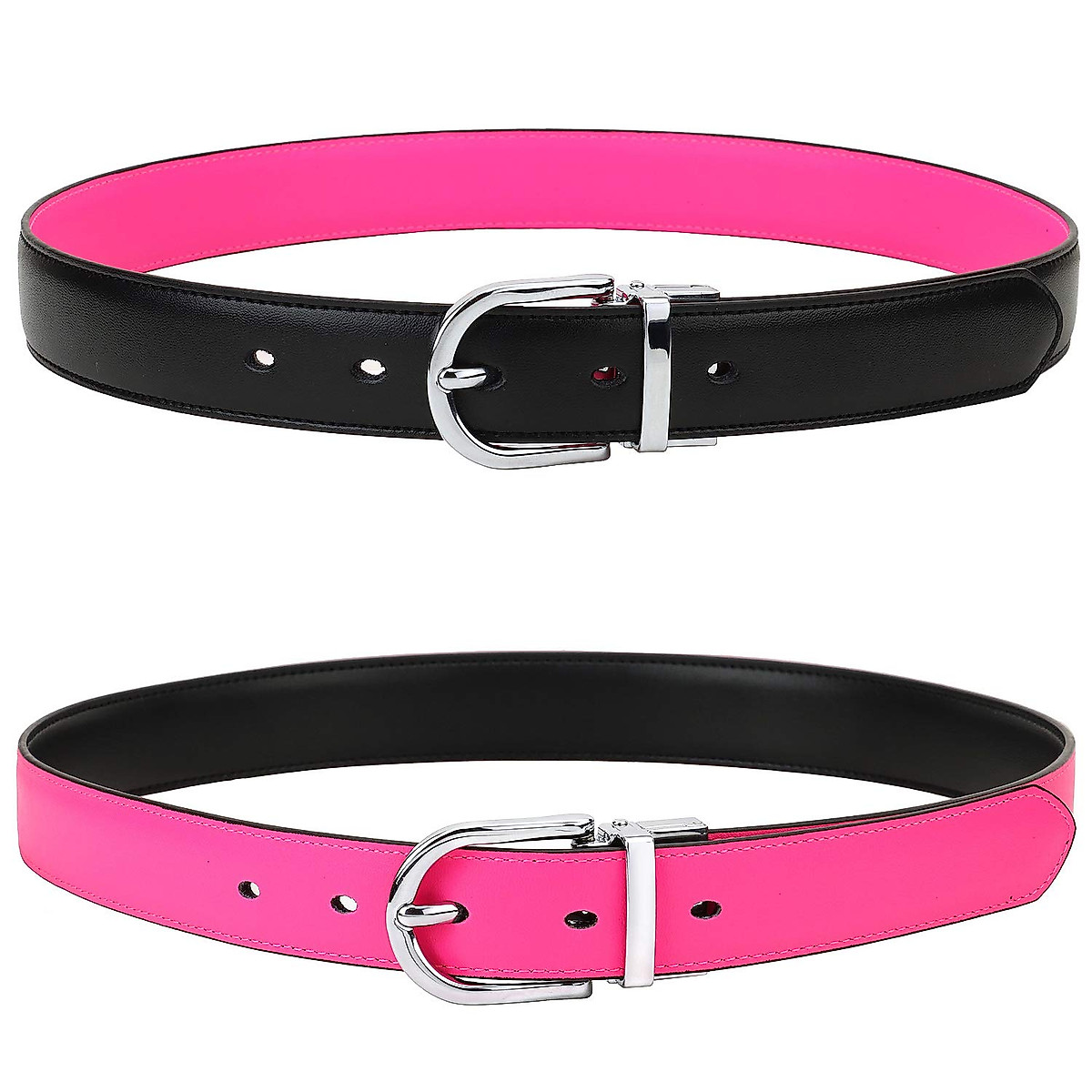 Falari Women Reversible Belt Genuine Leather Fashion Dress Belt With Single Prong Buckle 6027 (Black/Hot Pink, L (fit waist 26-38))