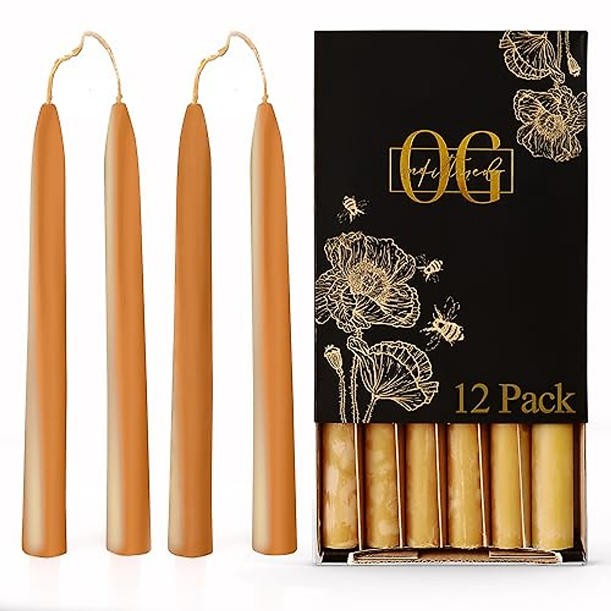 12 Dripless 8" Long Beeswax Taper Candles, 100% Natural Beeswax Taper Candles, Smokeless Tall Candlesticks, Decorative Long Burning Time, Drip Free Beeswax Candle Sticks for Home, Wedding, Dinner, etc