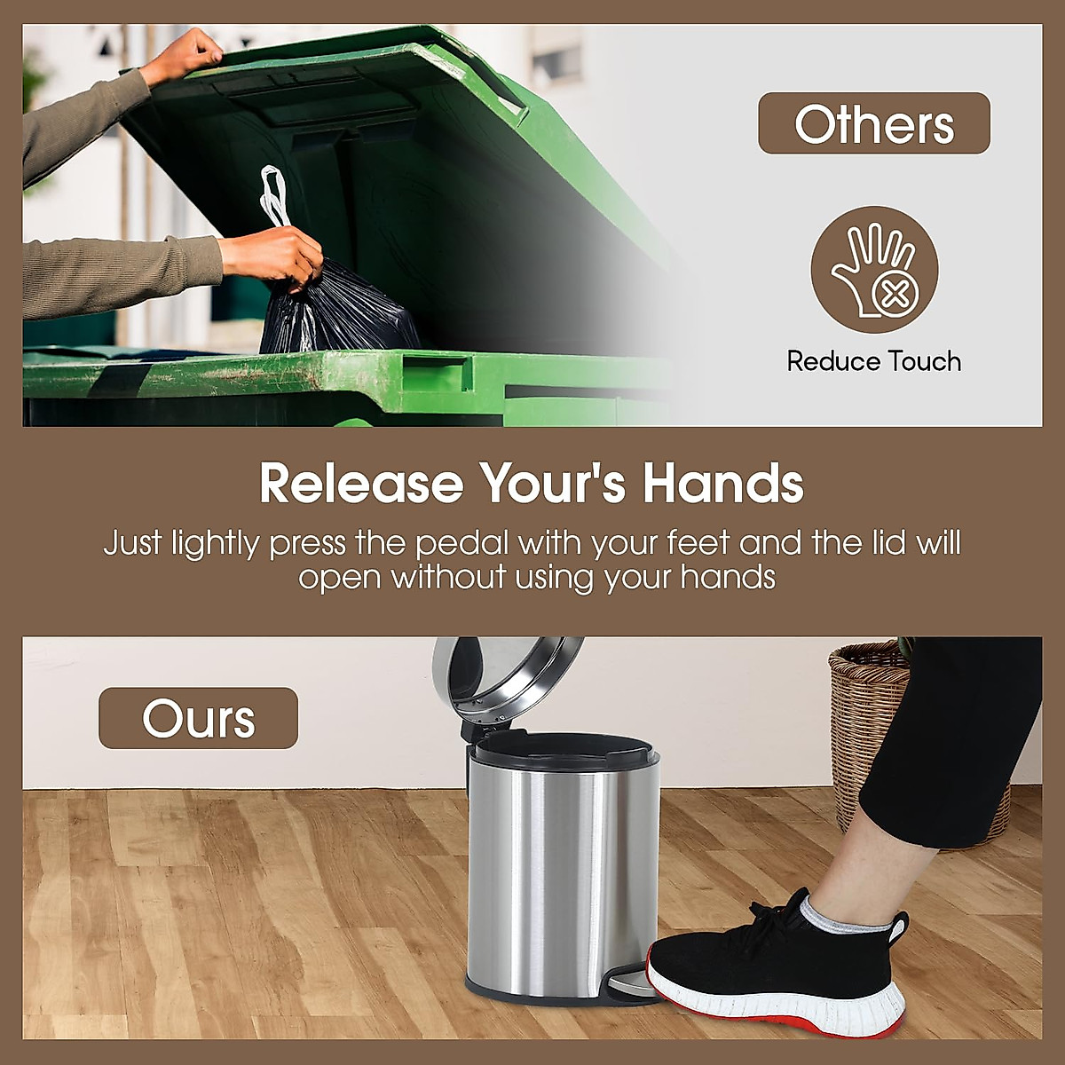 NChanmar Bathroom Trash Can with Lid, 6 Liter / 1.6 Gallon Round Mini Trash Can, Portable Pedal Garbage Can for Kitchen, Office, Stainless Steel Trash Can, Removable Inner Basket, Easy to Clean (2)