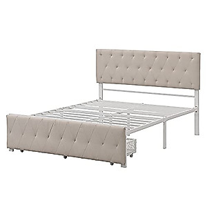 MERITLINE Full Size Metal Bed, Platform Bed Frame with Upholstered Headboard and Footboard, Platform Bed with Drawer Storage No Box Spring Needed ( Beige)