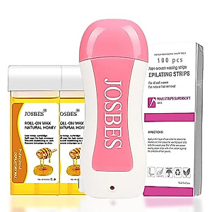 Roll On Wax, Honey Wax Roller Kit for Sensitive Skin,Roller Waxing Kit Include Portable Wax Warmer, with 2 Wax Roller Cartridge Refill,100 pcs Non-Woven Wax Strips, for Legs Arms and Underarm