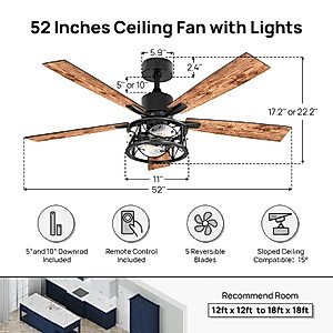 Consciot Ceiling Fan With Lights, 52 Inch Farmhouse Indoor Ceiling Fan With Remote, Quiet Reversible DC Motor, 5 Double Finish Wood Blades, Easy Dual Mount, Support Dimmable 2*E26 Bulbs(not included)