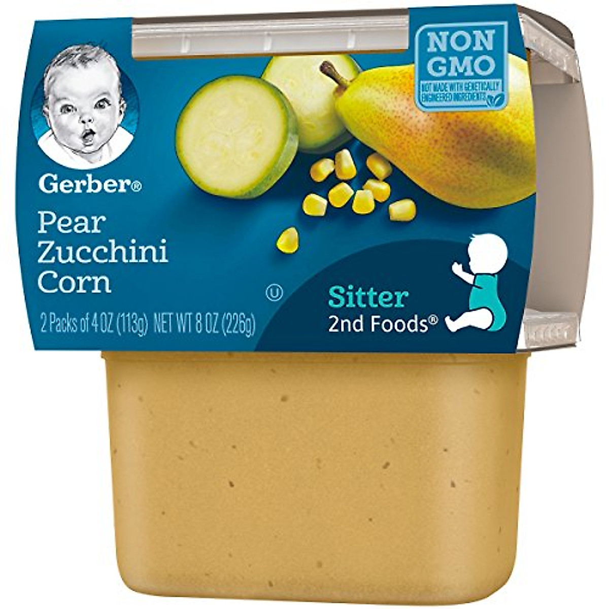 Gerber 2nd Foods Pear Zucchini Corn, 4 oz Tubs, 2 Count (Pack of 8)