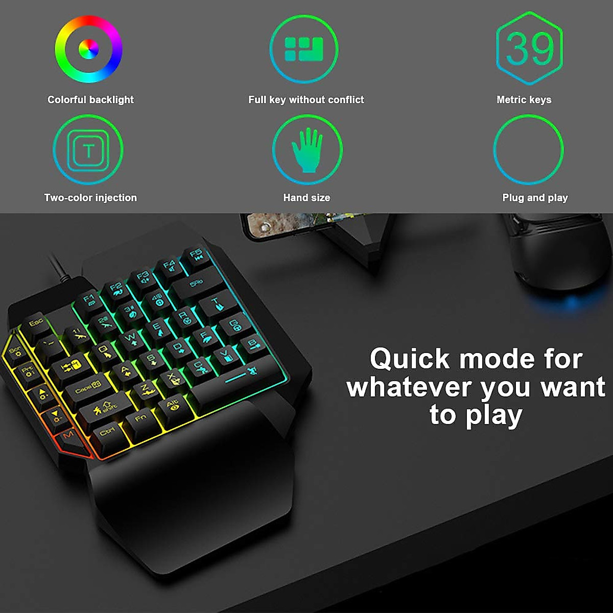 One Handed RGB Mechanical Gaming Keyboard, Computer Mechanical Gamer Keypad Portable Mini Single Keyboard for PUBG Gaming with Eye Catching Lighting
