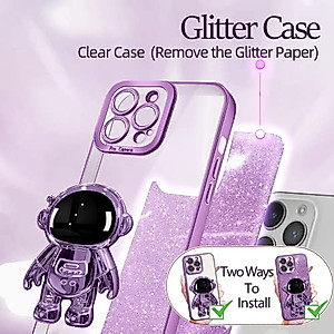 Buleens for iPhone 14 Pro Max Case Astronaut, Clear Cases for iPhone 14 Pro Max with Glitter Paper & Spaceman Stand, Women Girls Cute Electroplated Sparkly Space Phone Cover for 14 ProMax Purple
