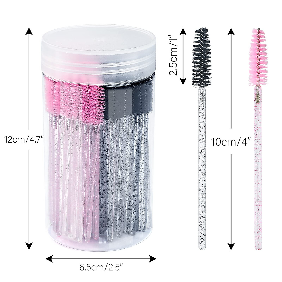 G2PLUS 100PCS Eyelash Brush, Ajustable Disposable Mascara Wands, Crystal Lash Spoolie, Eyebrow Spoolie Brush with Container for Makeup, Eyelash Extensions (Black+Pink)