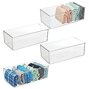 mDesign Long Plastic Drawer Organizer Box, Storage Organizer Bin Container; for Closets, Bedrooms, Use for Leggings, Socks, Ties, Jewelry, Accessories - Lumiere Collection - 4 Pack - Clear