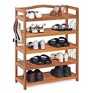 Giantex 5-Tier Shoe Rack, Acacia Wood Shoe Shelf with Side Metal Hooks, Holds up 12-18 Pairs, Shoe Organizer, Shoe Storage, Wooden Shoe Rack for Entryway, 25’’Lx10.5’’Wx32.5’’H