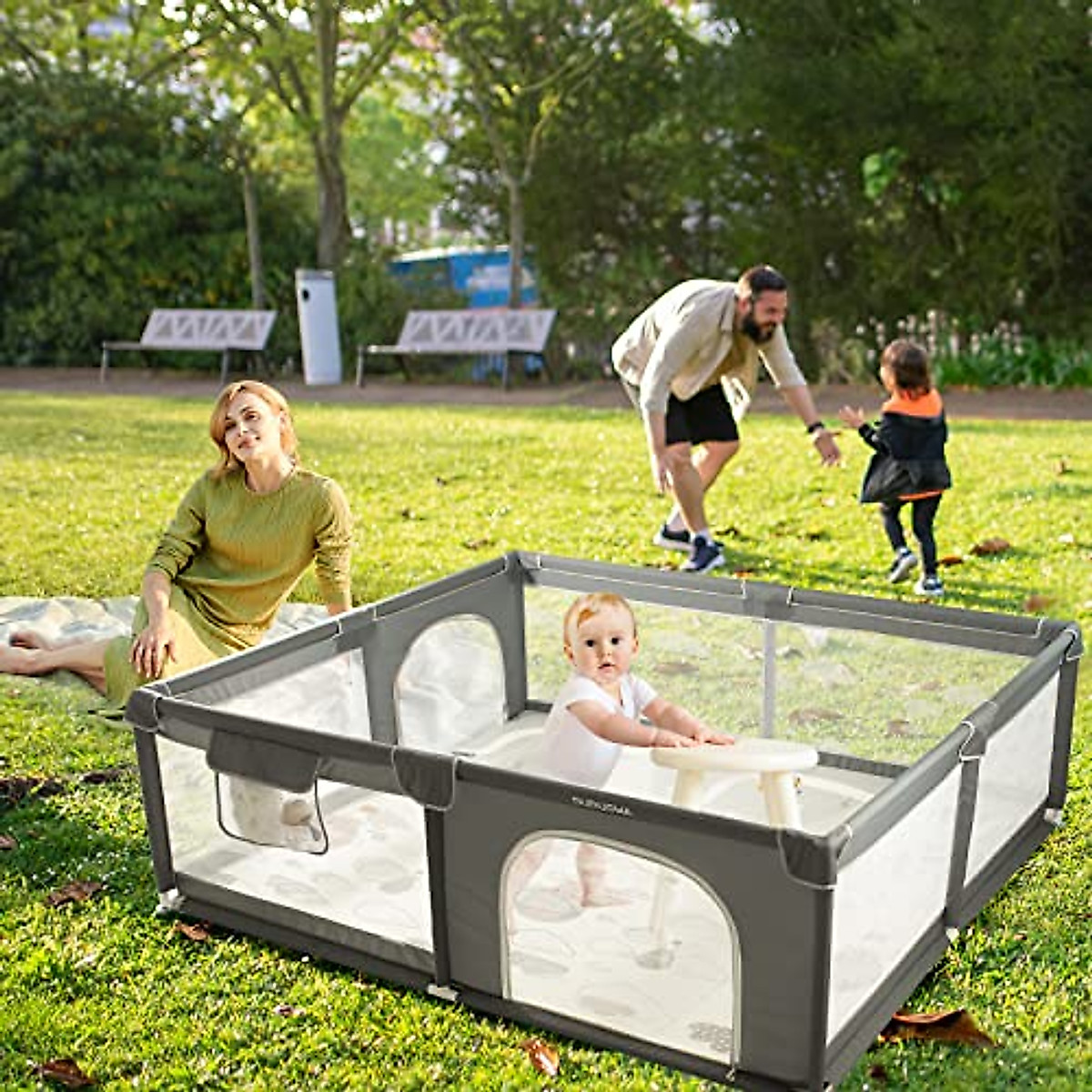 DUDUGWA Baby Playpen, Baby Playard, Large Playpen for Babies and Toddlers with Soft Visiable Mesh, Indoor & Outdoor Kids Activity Play Center with Anti-Slip Suckers and Zipper Gate, Grey, 78.7×71×26in