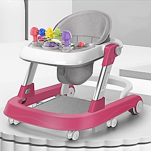 (Rose-red) Baby Walker, 6-Gear Height Adjustable Foldable Baby Walkers and Activity Center, Baby Walker with Wheels, Infant Toddler Walker with Music Disk, Baby Walkers for Baby Boys and Girls