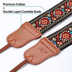 Red Vintage Embroidered Camera Strap - 2"Wide Pure Cotton Woven Camera Strap,Double Layer Cowhide Ends,Adjustable Shoulder & Neck Strap for All DSLR Cameras,Great Gift for Men & Women Photographers