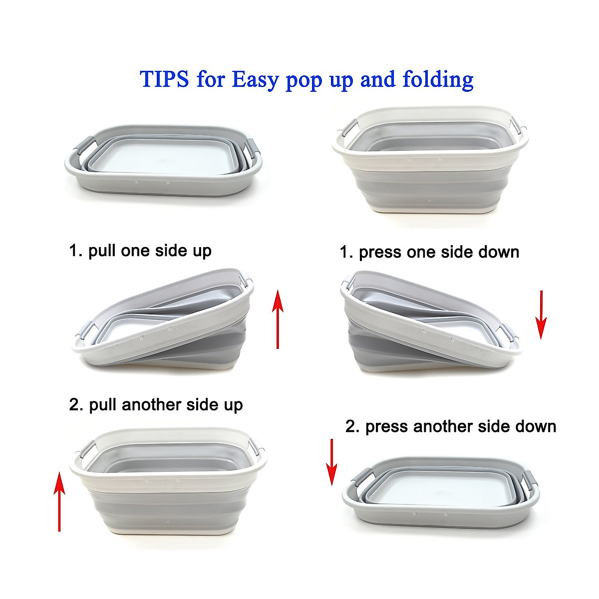 SAMMART Set of 2-19.5L (5.1 Gallon) Collapsible Plastic Storage Basket-Foldable Pop Up Storage Container/Organizer - Portable Washing Tub, Water Capacity 14.5L/3.8 Gallon (Set of 2, Grey)