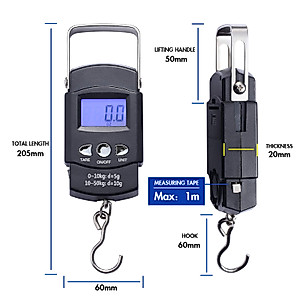 2 Pack Fish Scales, Portable Luggage Weight Scale with Backlit LCD Display 110lb / 50kg Electronic Balance Fishing Postal Hanging Hook Scale with 3.28 ft Measuring Tapes & 4 AAA Batteries (Black)