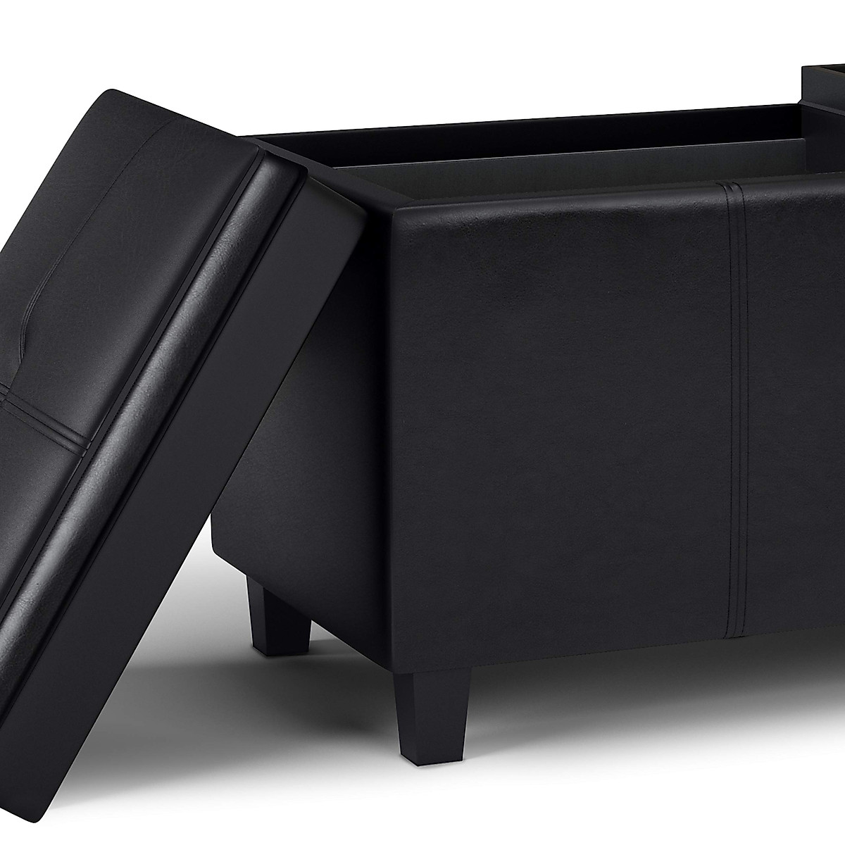 SIMPLIHOME Avalon 42 Inch Wide Contemporary Rectangle 2 Tray Storage Ottoman in Midnight Black Vegan Faux Leather, For the Living Room, Entryway and Family Room