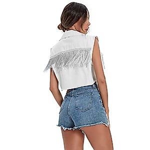 Verdusa Women's Fringe Raw Trim Sleeveless Denim Vest Jean Jacket Coat White S