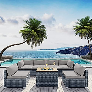 MODENZI Outdoor Sectional Patio Furniture Set with Propane Fire Pit Table Grey Resin Wicker Phoenix Collection Sofa Set (Light Grey)