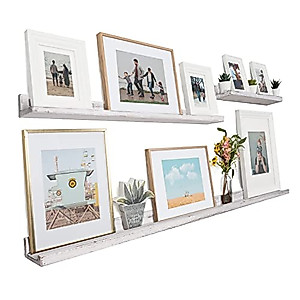 Rustic State Ted Narrow Wall Mounted Wooden Picture Ledge Photo Display Floating Shelf for Living Room Kitchen Bedroom Bathroom - Set of 6 with Varity Sizes 60 & 36 & 24 Inch - Burnt White