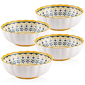 bozopion 22 oz Ceramic Soup Bowls,Set of 4,Wavy Rim Pattern Porcelain Bowls for Kitchen,White Blue and Yellow Cereal Bowls