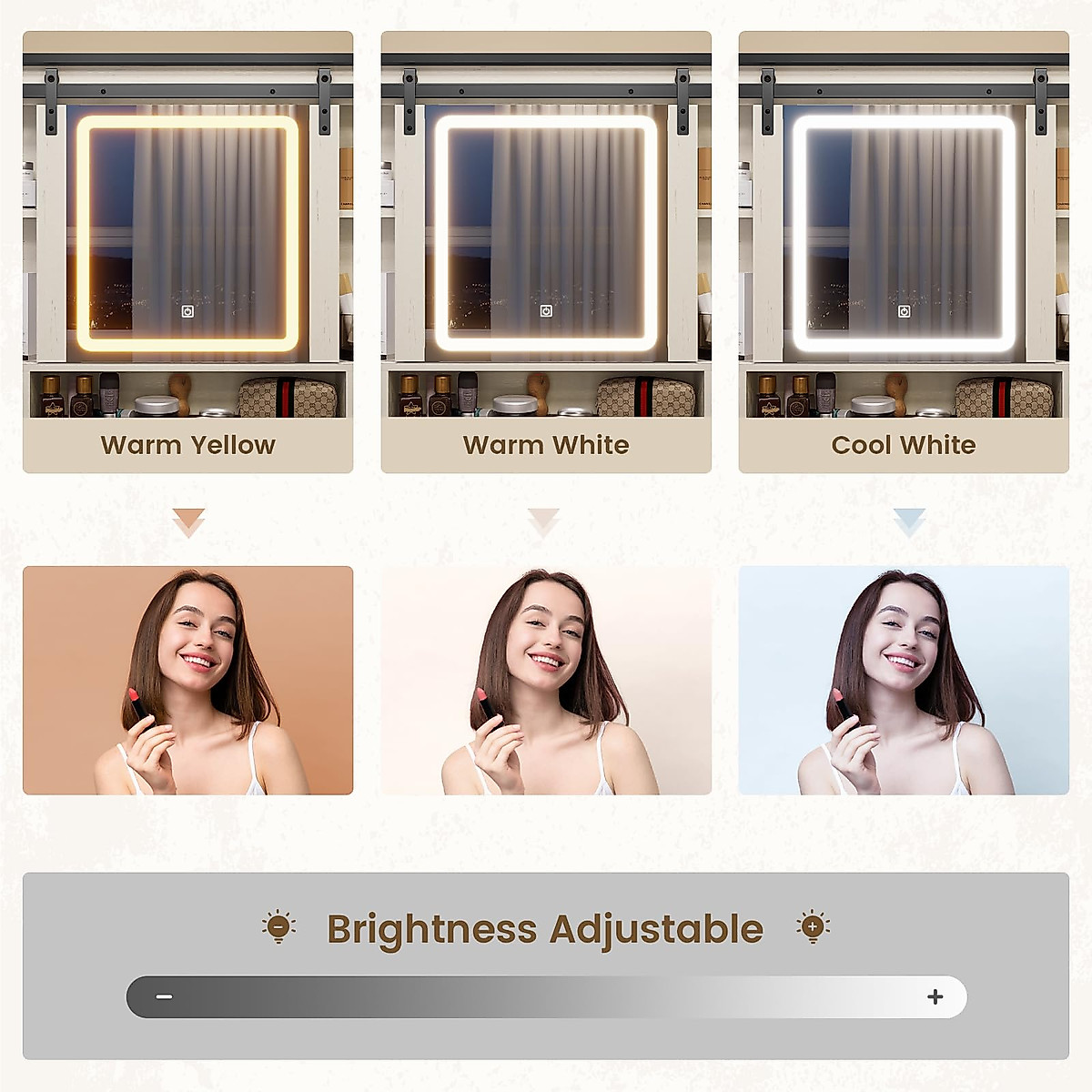 HAUOMS Farmhouse Makeup Vanity Desk with Sliding Lighted Mirror, Glass Top Vanity Desk with Power Outlet, Rustic Vanity Set, Antique White