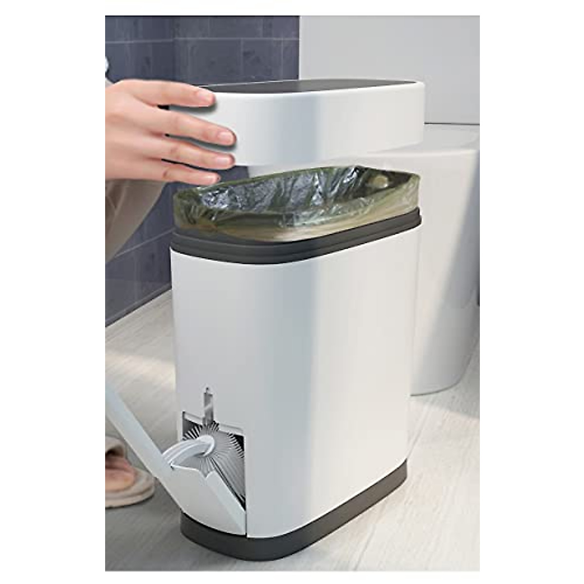 KLGO 14 Liter Slim Plastic Trash Can with Lid,3.7 Gallon Double Barrel Waste Basket,Rectangular Press Garbage Container Bin for Bathroom,Bedroom,Kitchen and Office,White