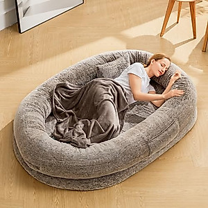 Human Size Dog Bed - 71''x47''x12.5'', Washable Faux Fur, Orthopedic, Plump Pillow, Blanket, Brown