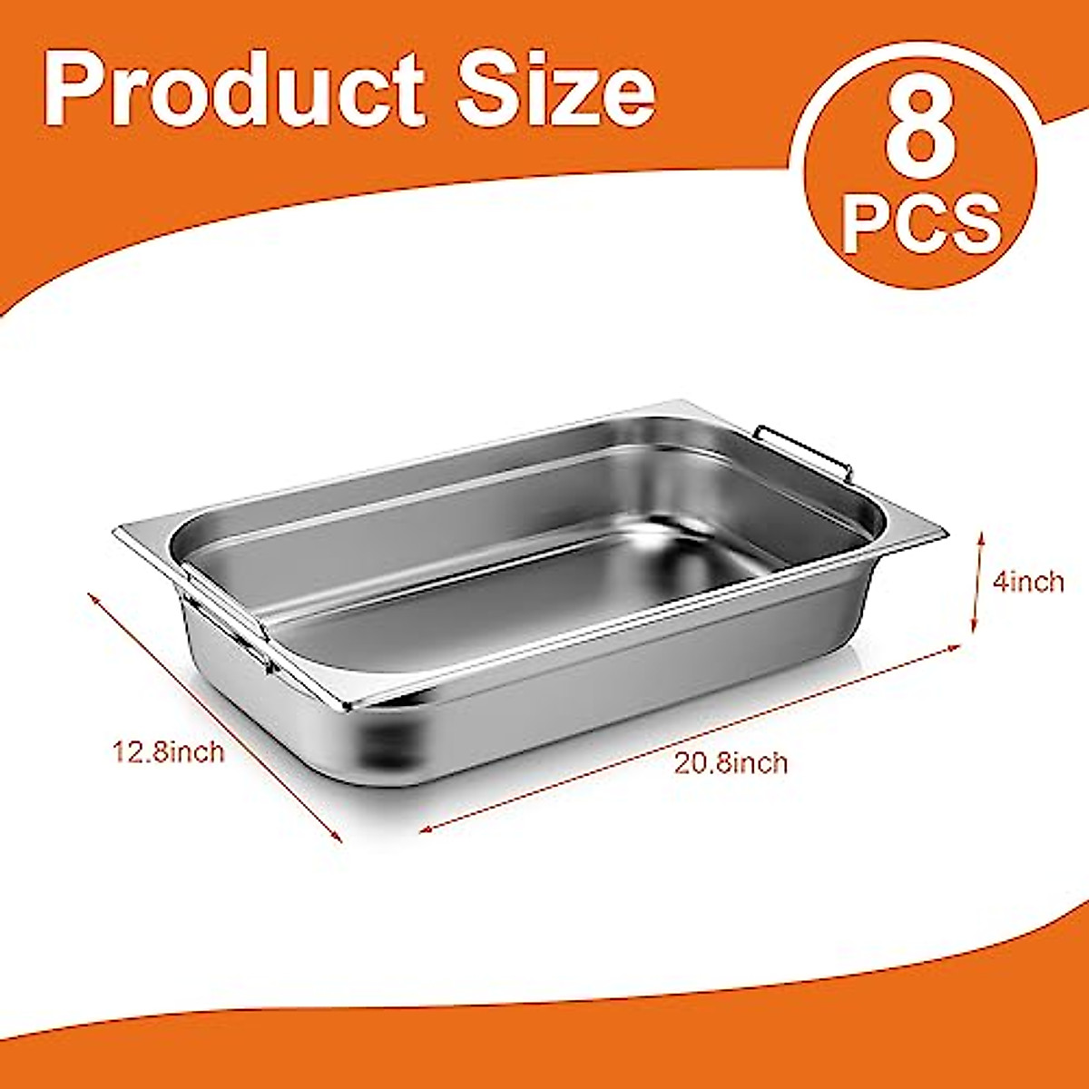 8 Pcs Hotel Pan Full Size 4 Inch Deep Restaurant Stainless Steel Steam Table Pan with Handle for Commercial Hotel Food Buffet Event Catering Supplies